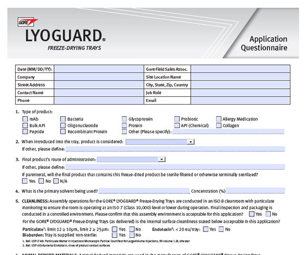 GORE® LYOGUARD® Freeze-Drying Trays Application Questionnaire | Gore